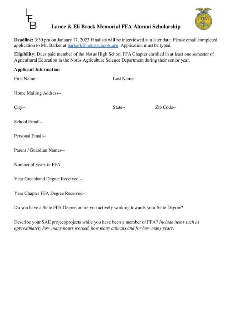 Fillable Online Lance & Eli Brock Memorial FFA Alumni Scholarship ...