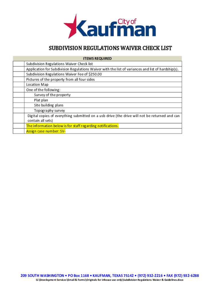 Fillable Online SUMMARY OF SUBDIVISION REGUALATIONS WAIVER APPLICATION REQUIREMENTS Fax Email ...