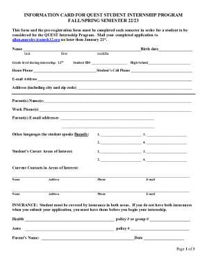 Fillable Online INFORMATION CARD FOR QUEST STUDENT INTERNSHIP PROGRAM ...