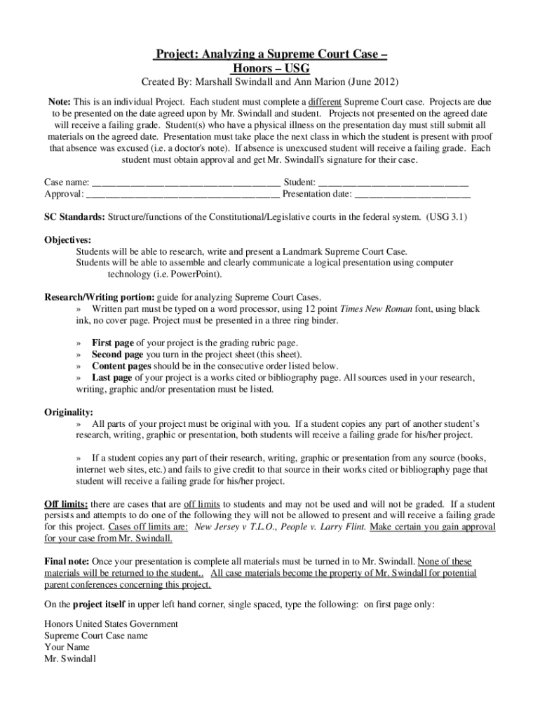 Fillable Online Analyzing supreme court cases and rubric project.doc ...