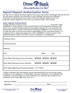 Fillable Online Payroll Deposit Authorization Form - Dime Bank Fax ...