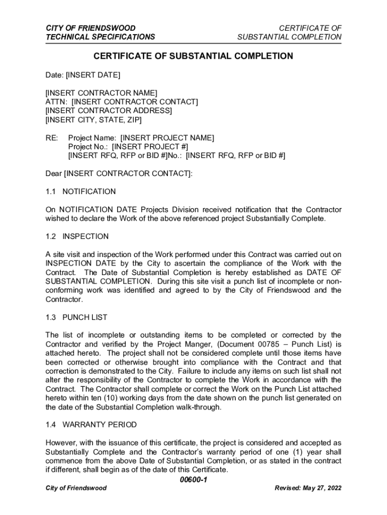 Fillable Online Document 00780 - Certification of Substantial Completion. Technical ...