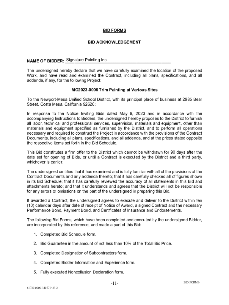 Fillable Online BID FORMS BID ACKNOWLEDGEMENT NAME OF BIDDER Fax Email ...