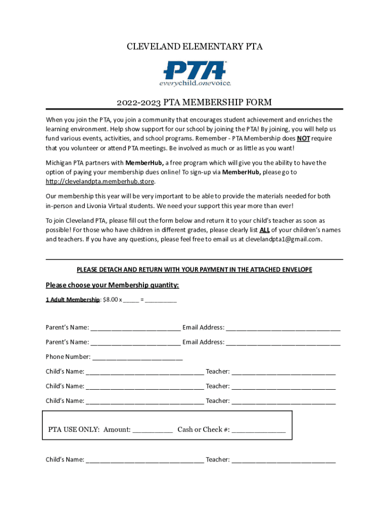 Fillable Online About PTA - Cleveland Elementary PTA - Membership ...