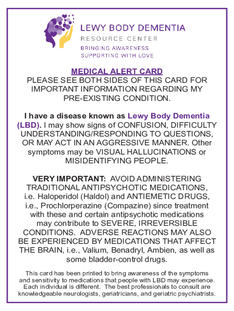 Medical Alert Card for Lewy Body Dementia - Fill Out, Sign & Share ...