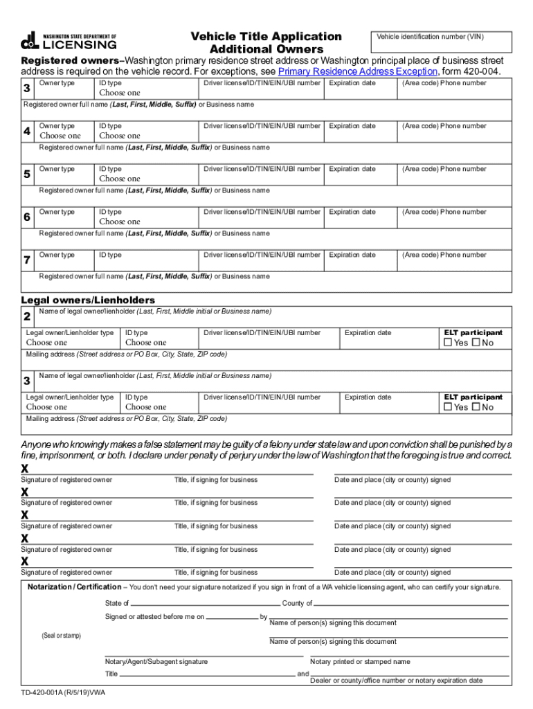 Fillable Online Vehicle Title Application Additional Owners. Form for ...