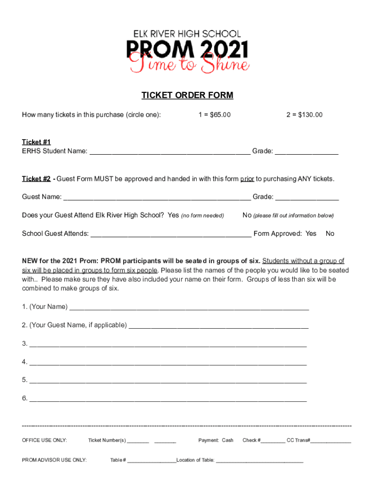 Fillable Online ERHS PROM ticket form - Elk River Fax Email Print - pdfFiller