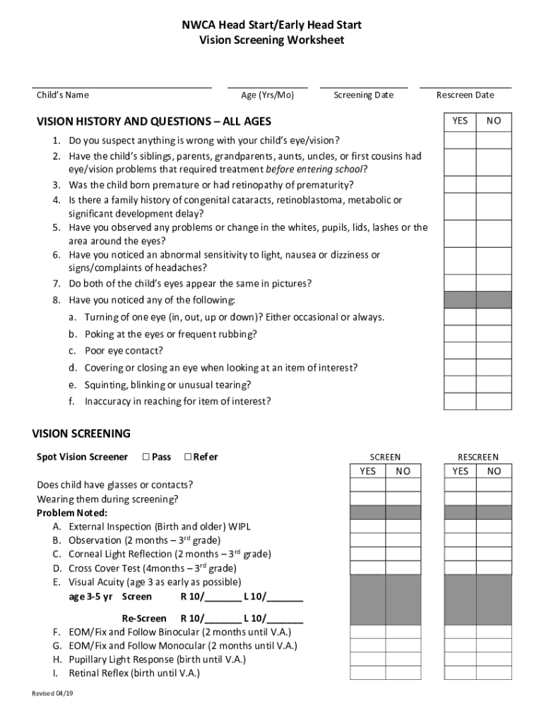 Fillable Online Vision Screening: Evidence-Based Options for Early Head ...