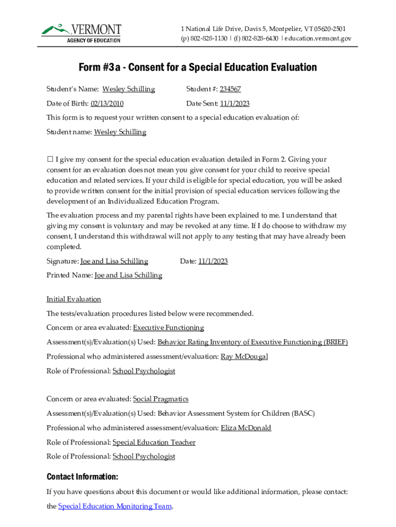 Fillable Online education vermont Consent for a Special Education ...