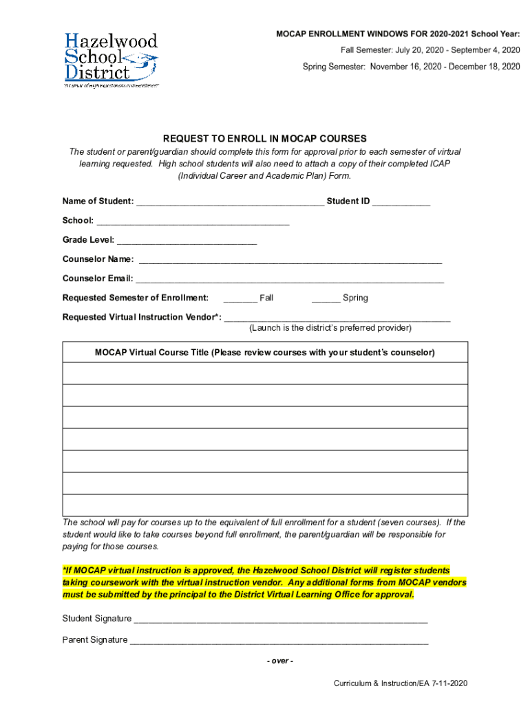 Fillable Online Parent Request to Enroll in Online Learning Through MOCAP Fax Email Print ...