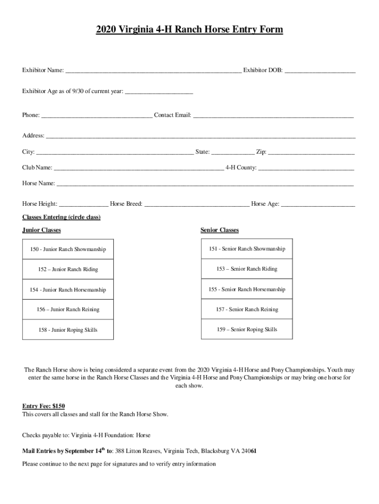 Fillable Online 2020 Virginia 4-H Ranch Horse Entry Form Fax Email Print - pdfFiller