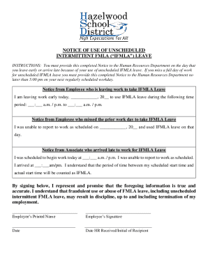Fillable Online notice of use of unscheduled intermittent fmla (ifmla ...