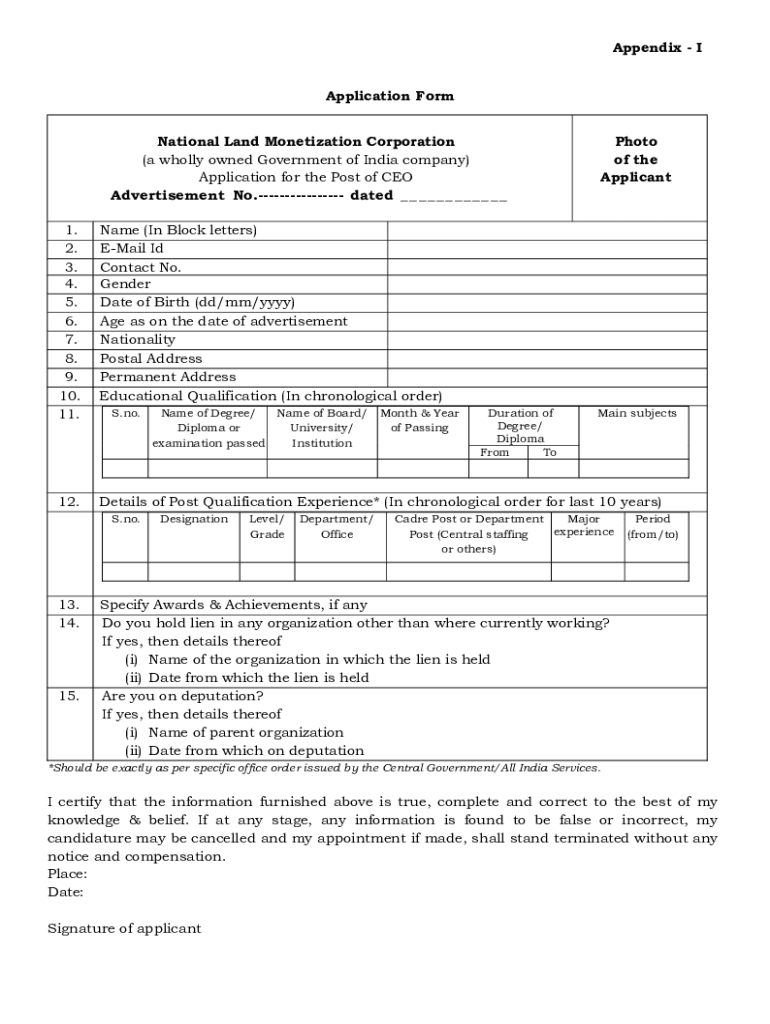 Fillable Online Appendix-I Application Form National Land Monetization ...