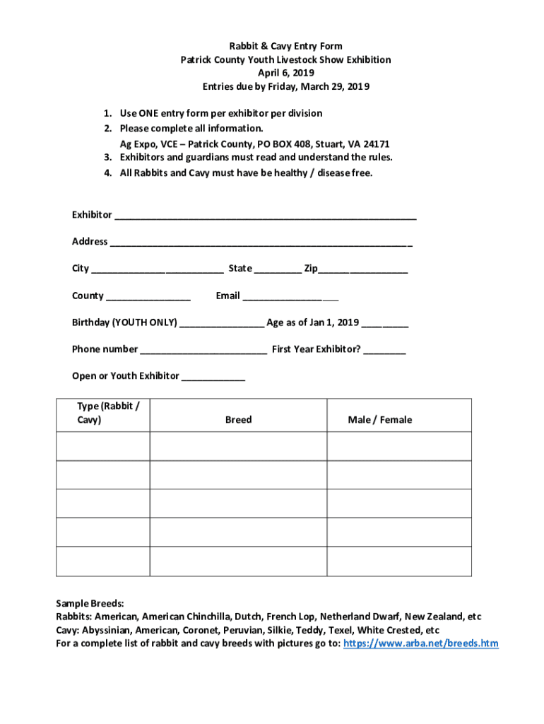 Fillable Online Rabbit & Cavy Entry Form Fax Email Print - pdfFiller