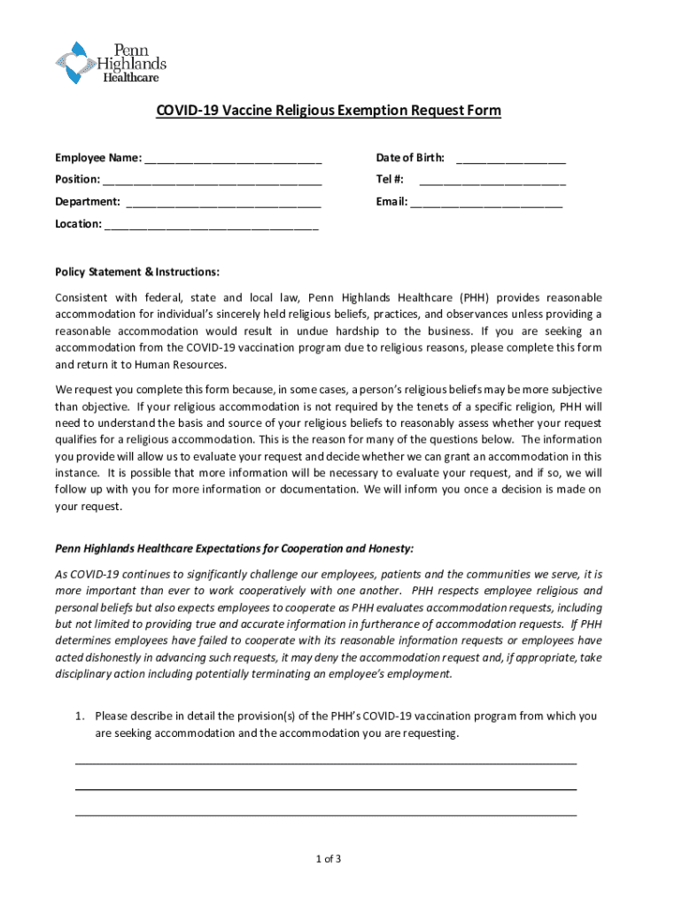 Fillable Online request for religious exemption from covid-19 ...