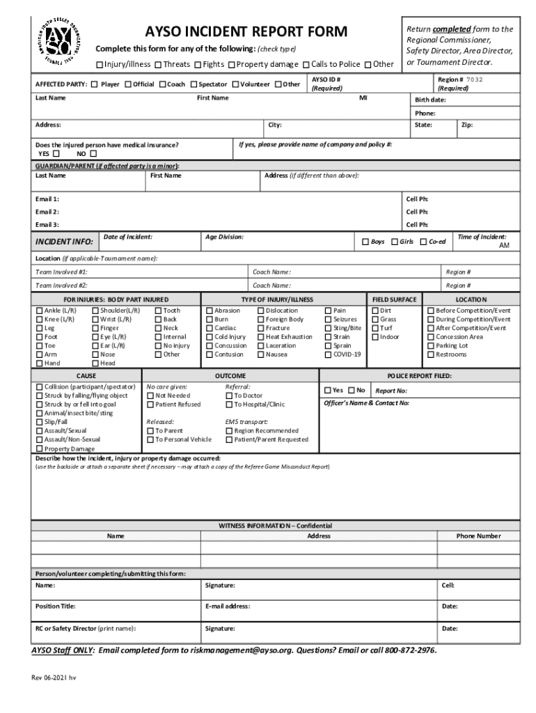 Fillable Online AYSO United Davis Incident Report Instructions ...