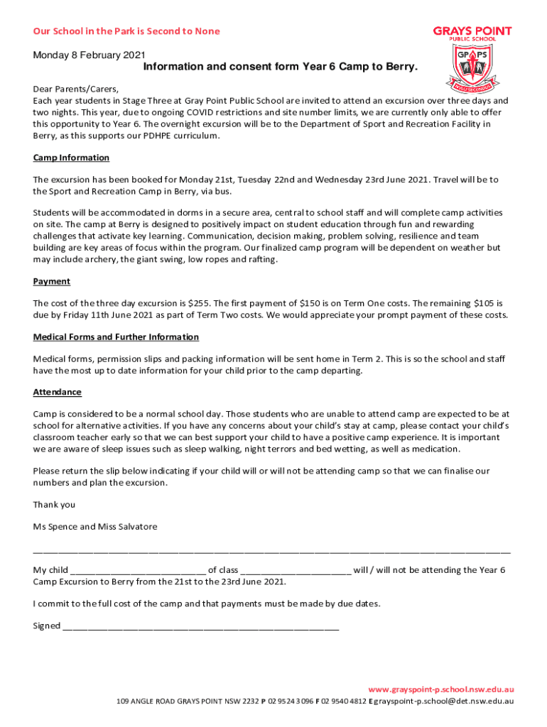 Fillable Online Information and consent form Year 6 Camp to Berry. Fax ...