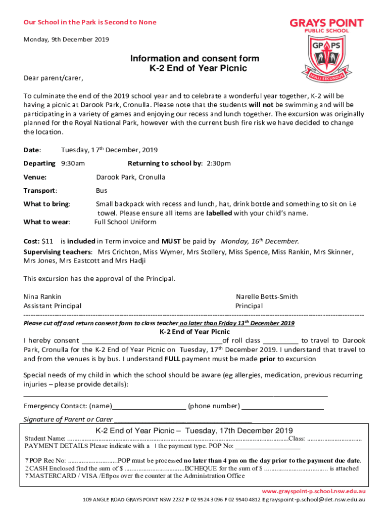 Fillable Online Information and consent form K-2 End of Year Picnic Fax ...
