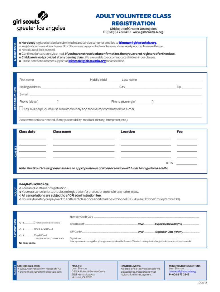 Fillable Online ADULT VOLUNTEER CLASS REGISTRATION - GSGLA Fax Email ...
