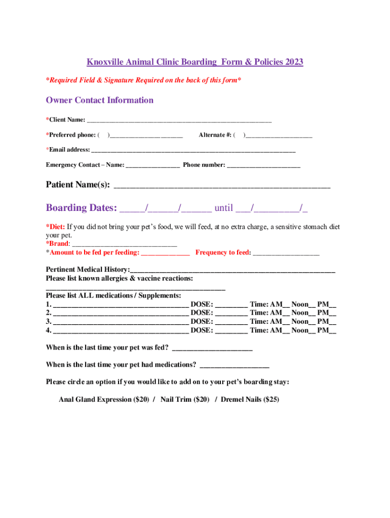 Fillable Online Boarding Drop Off Form in Knoxville, TN Fax Email Print - pdfFiller