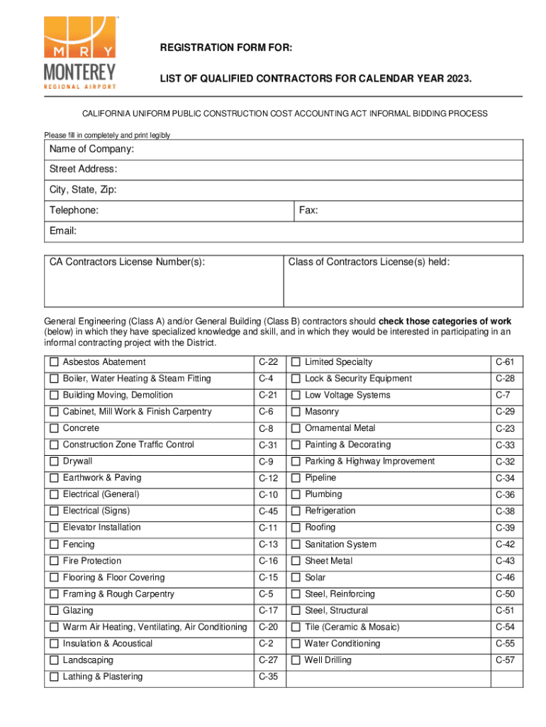 Fillable Online Qualified Contractors Registration Form - Monterey Peninsula ... Fax Email Print ...