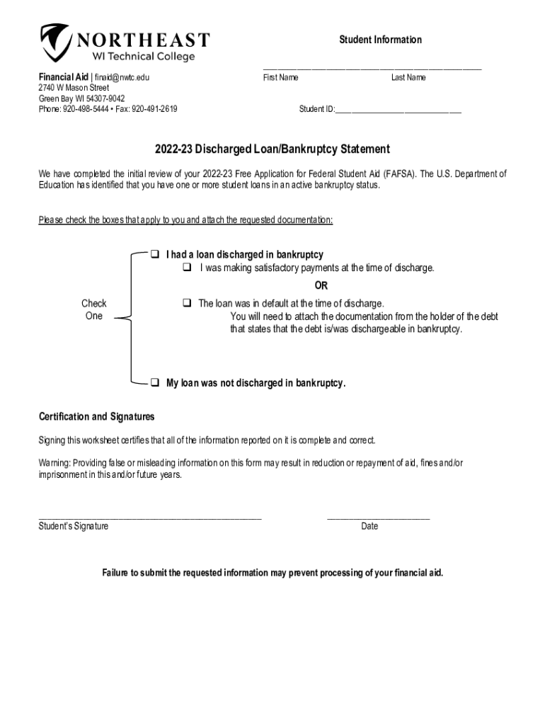 Fillable Online 2022-23 Discharged Loan/Bankruptcy Statement Fax Email ...