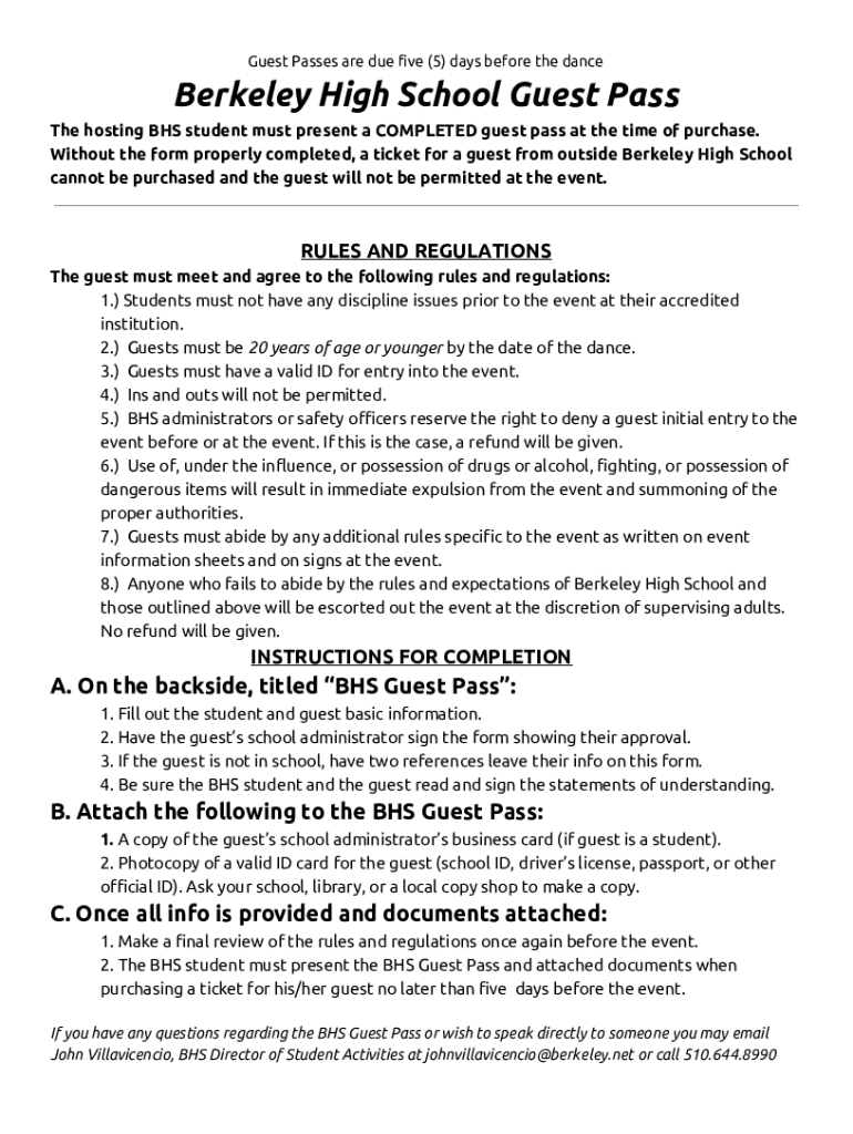 Fillable Online Dance Guest Pass - BERLIN HIGH SCHOOL Fax Email Print ...