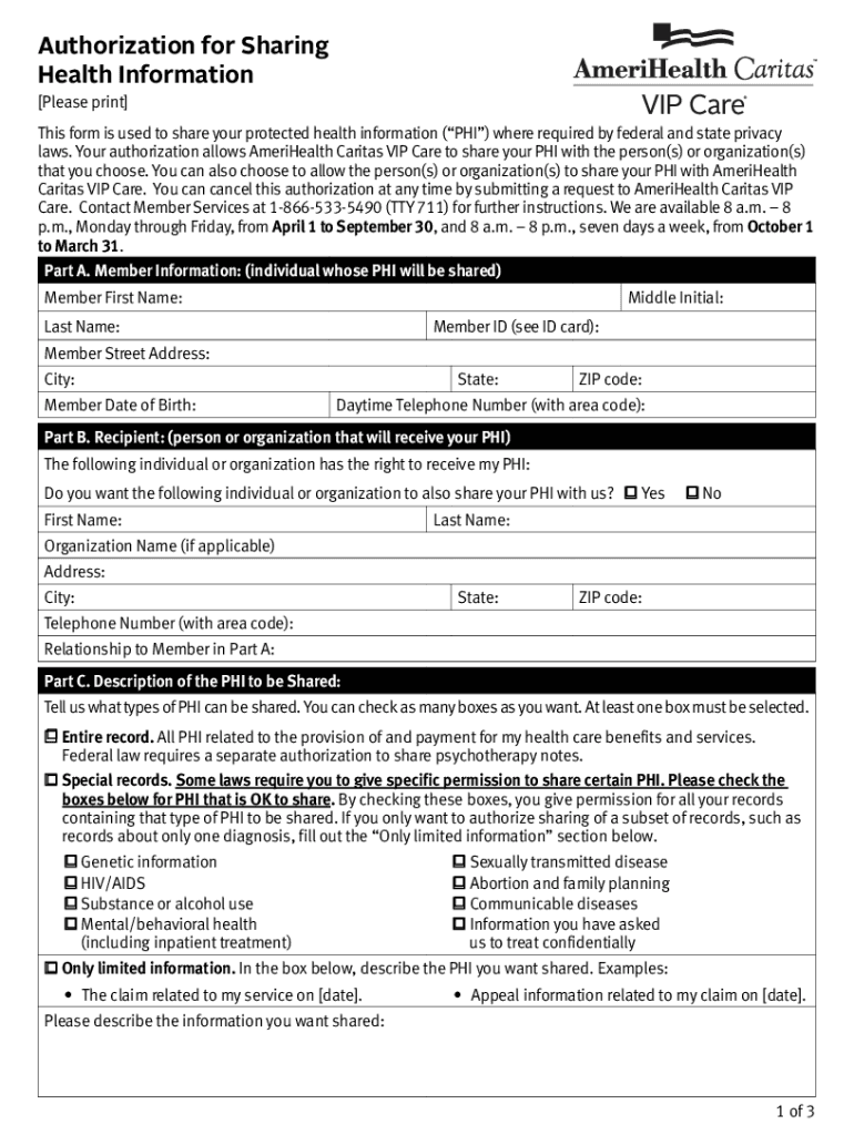 Fillable Online Authorization for Sharing Health Information - AmeriHealth Caritas VIP Care ...