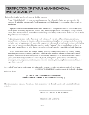 Fillable Online CERTIFICATION OF STATUS AS AN INDIVIDUAL WITH A ... Fax ...