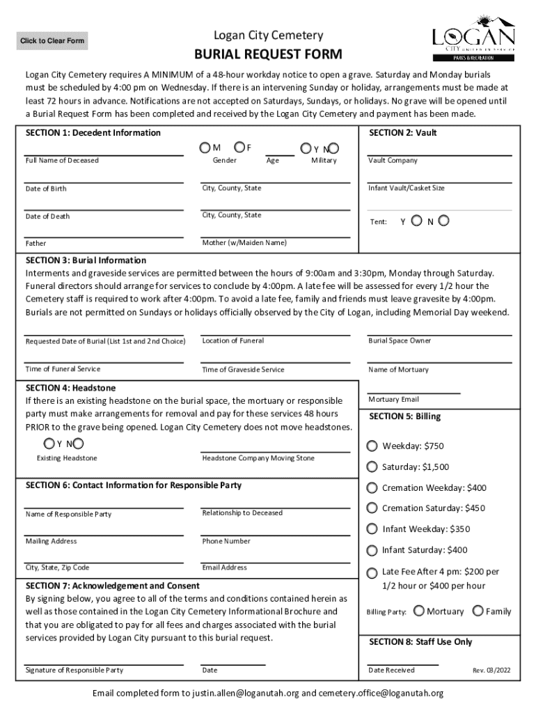 Fillable Online Logan City Cemetery Burial Request Form Fax Email Print ...