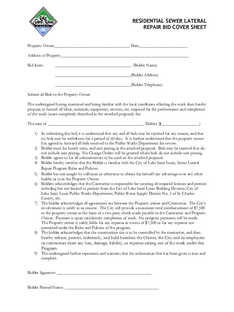 Fillable Online RESIDENTIAL SEWER LATERAL REPAIR BID COVER SHEET Fax Email Print - pdfFiller