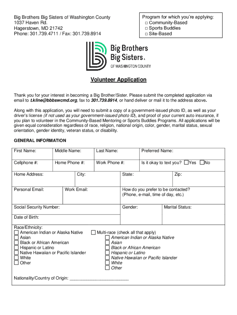 Fillable Online Big Brothers Big Sisters of Washington County, MD, Inc ...