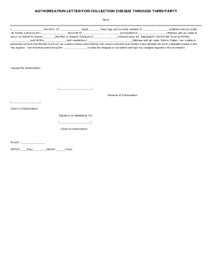 Fillable Online AUTHORIZATION LETTER FOR COLLECTION CHEQUE THROUGH ...