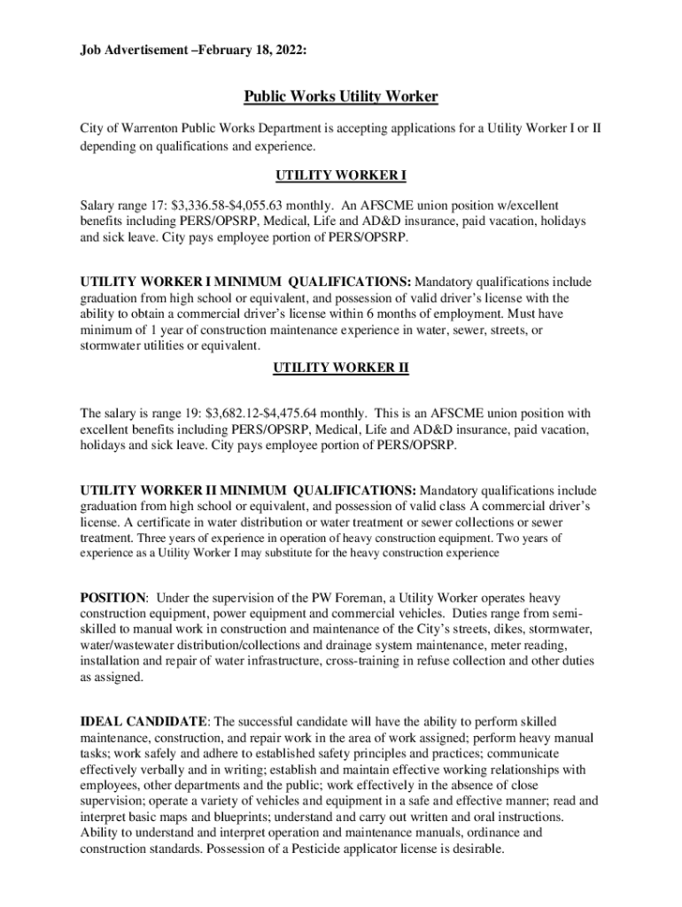 Fillable Online Public Works Utility Worker Fax Email Print - pdfFiller