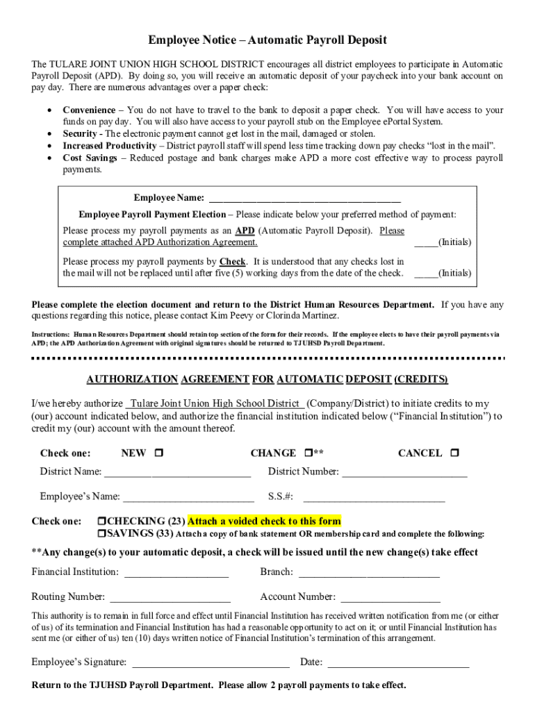 Fillable Online Automatic Payroll Deposit (APD) Enrollment Agreement ...