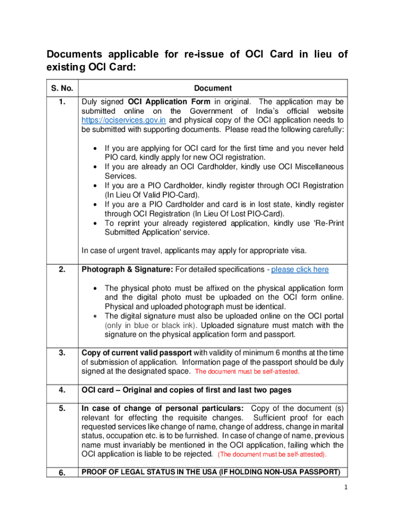 Fillable Online Documents applicable for re-issue of OCI Card in lieu ...