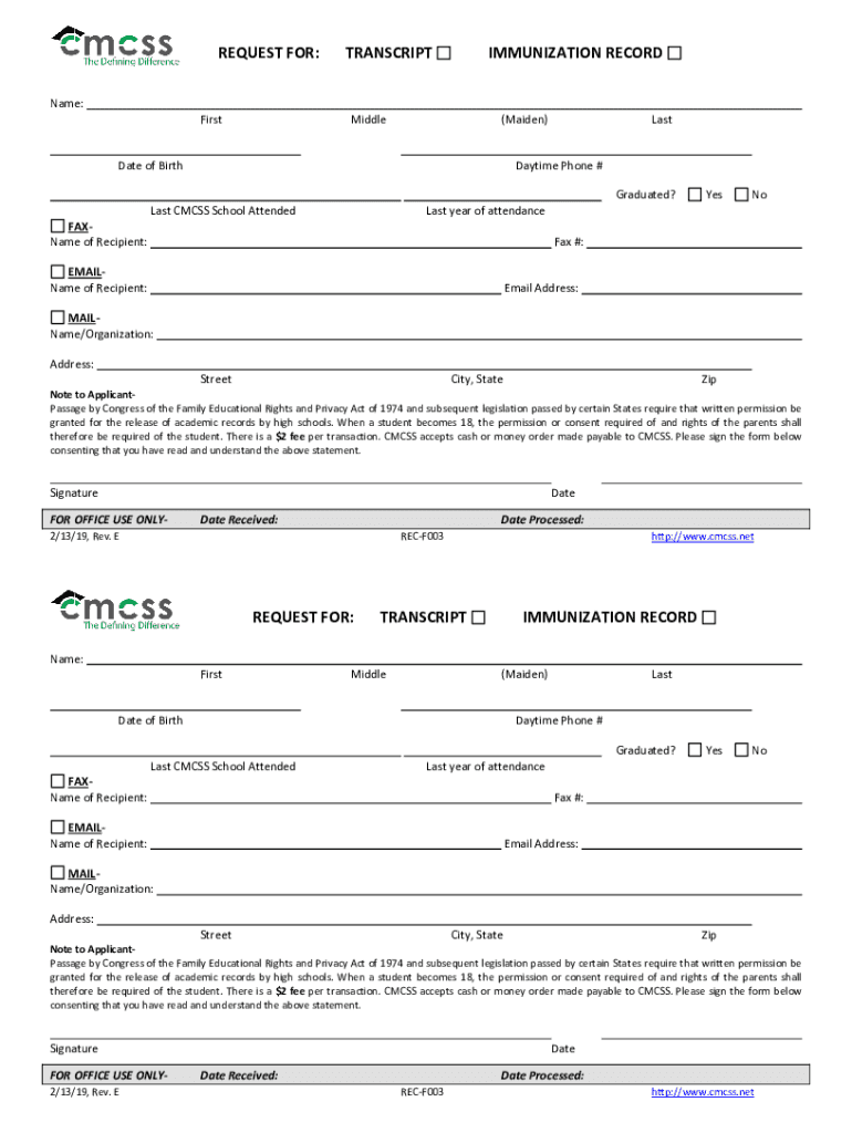 Fillable Online request for: transcript immunization record Fax Email Print - pdfFiller