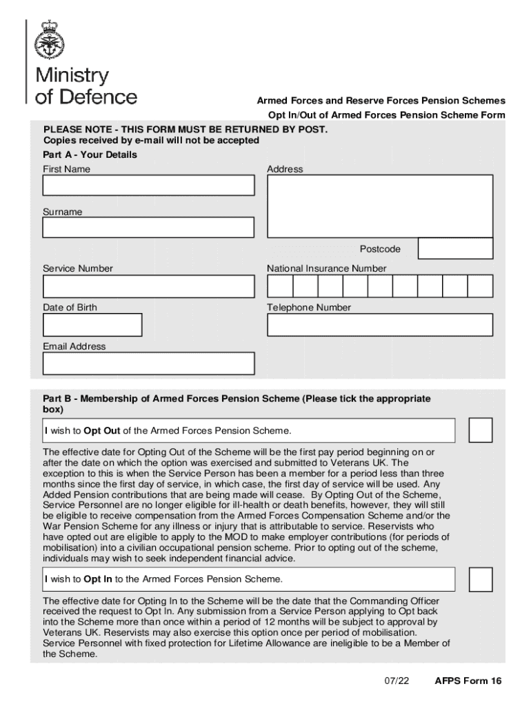 Fillable Online Armed Forces Pension Scheme Opt In Out Form Fax Email ...