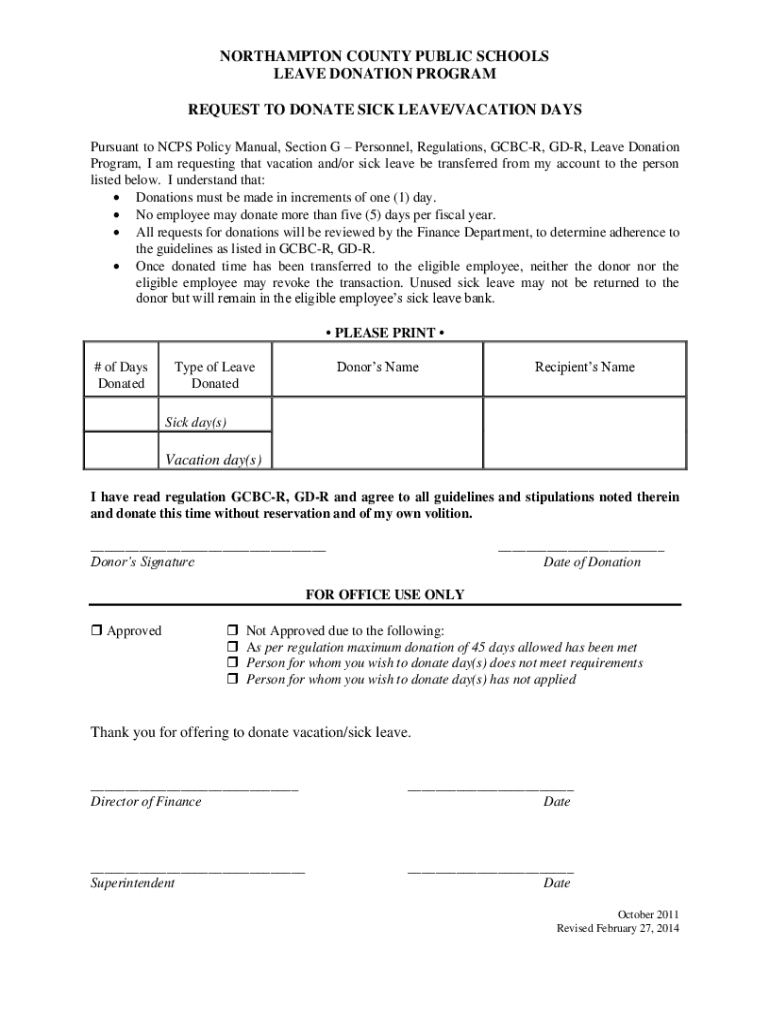 Fillable Online Request to Donate Sick Leave/Vacation Days Fax Email ...