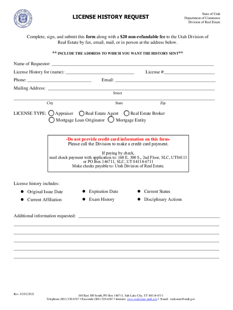 Fillable Online realestate utah Fillable LICENSE HISTORY REQUEST (Utah ...