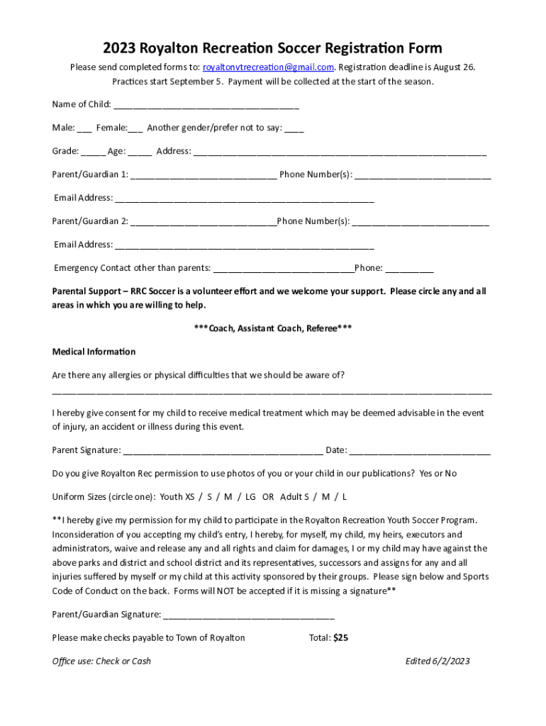 Fillable Online 2023 Royalton Recrea on Soccer Registra on Form Fax ...