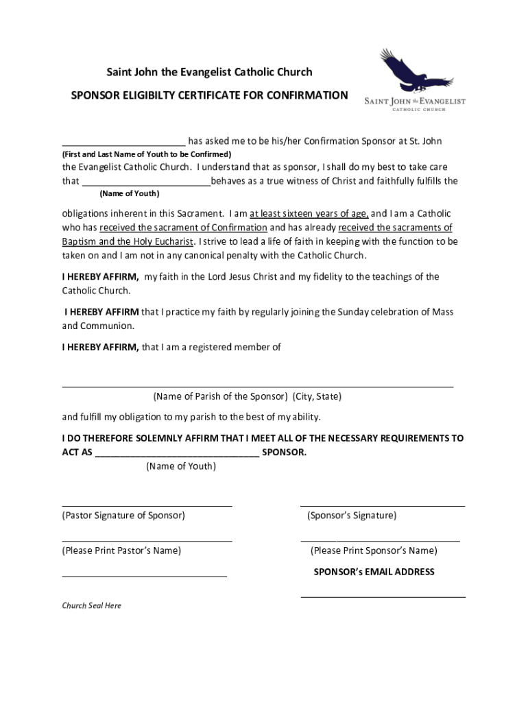 Fillable Online Saint John the Evangelist Catholic Church SPONSOR ELIGIBILTY ... Fax Email Print ...