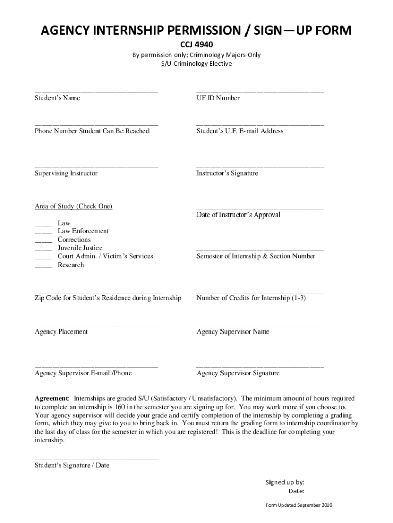 Fillable Online AGENCY INTERNSHIP PERMISSION / SIGNUP FORM Fax Email Print - pdfFiller