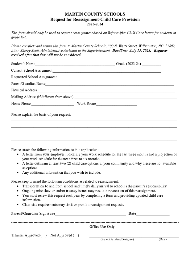 Fillable Online MARTIN COUNTY SCHOOLS Request for Reassignment- ... Fax ...