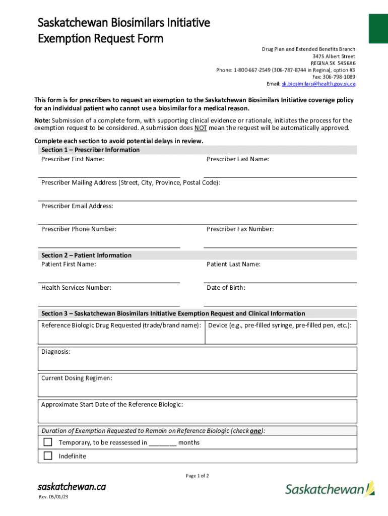 Fillable Online Saskatchewan Biosimilars Initiative Exemption Request Form Fax Email Print ...