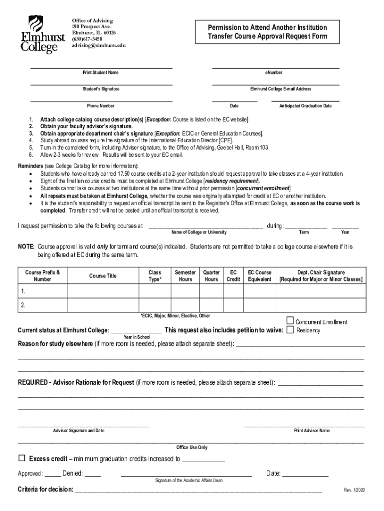 Fillable Online Permission to Attend Another Institution Transfer ...