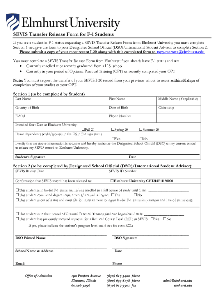 Fillable Online SEVIS Transfer Release Form for F-1 Students Fax Email ...