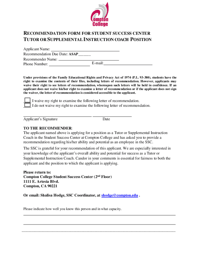 Fillable Online RECOMMENDATION FORM FOR STUDENT SUCCESS ... Fax Email Print - pdfFiller
