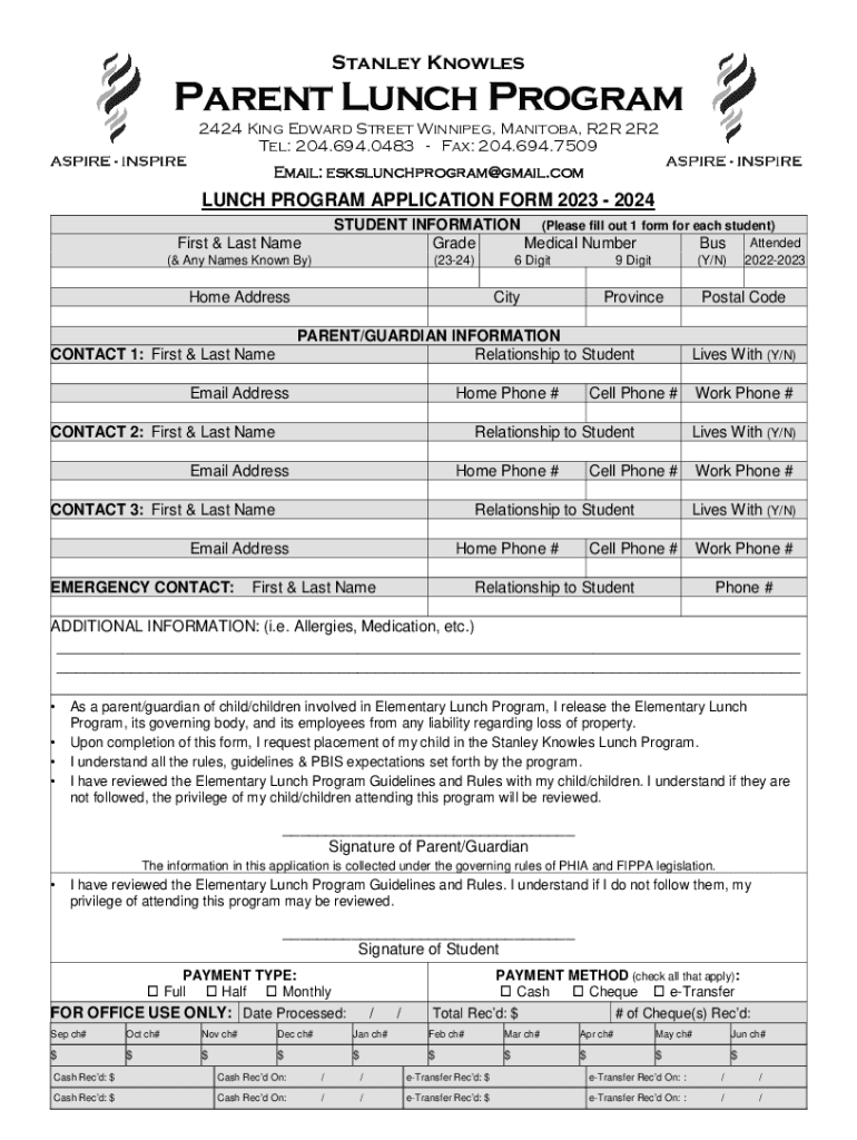Fillable Online 2023-2024 Lunch Program Application Form Fax Email ...