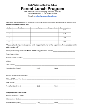 Fillable Online 20222023 Lunch Program Registration Form Fax Email ...